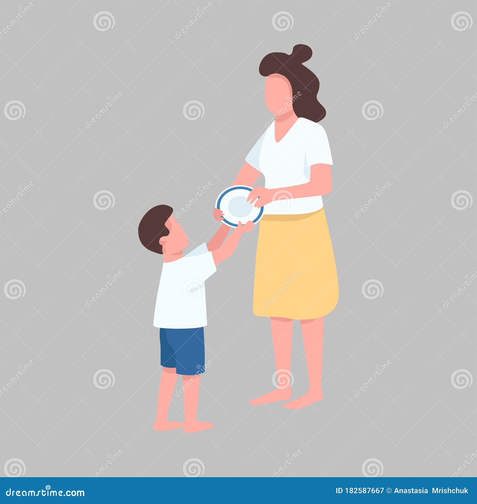 Picture of a Boy Helping Mom on a White Background. Vector Illustration ...