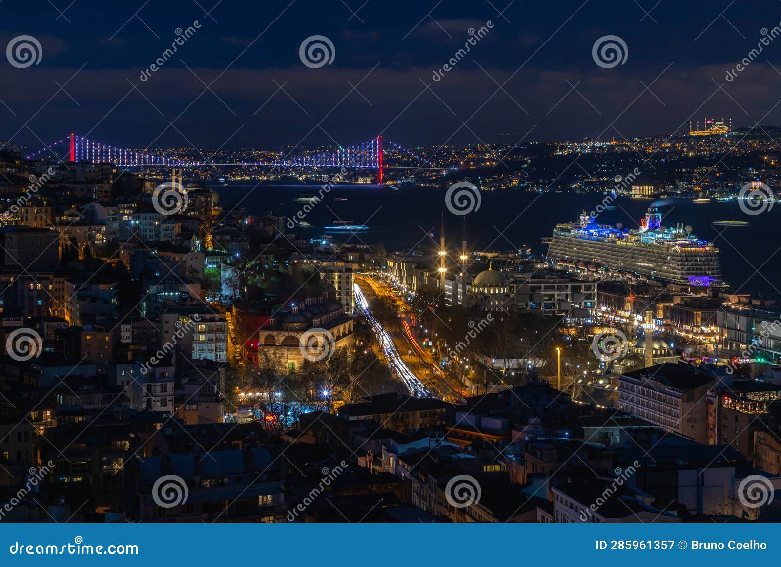 Beyoglu District and Bosphorus Bridge at Night Stock Image - Image of ...