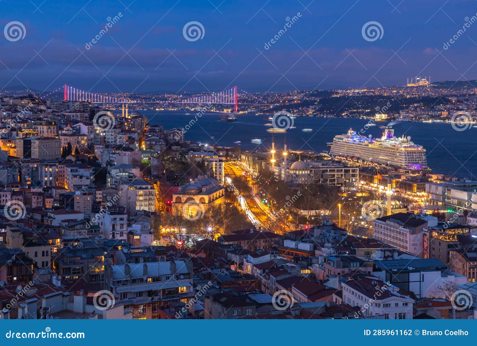 Beyoglu District and Bosphorus Strait at Night Stock Photo - Image of ...