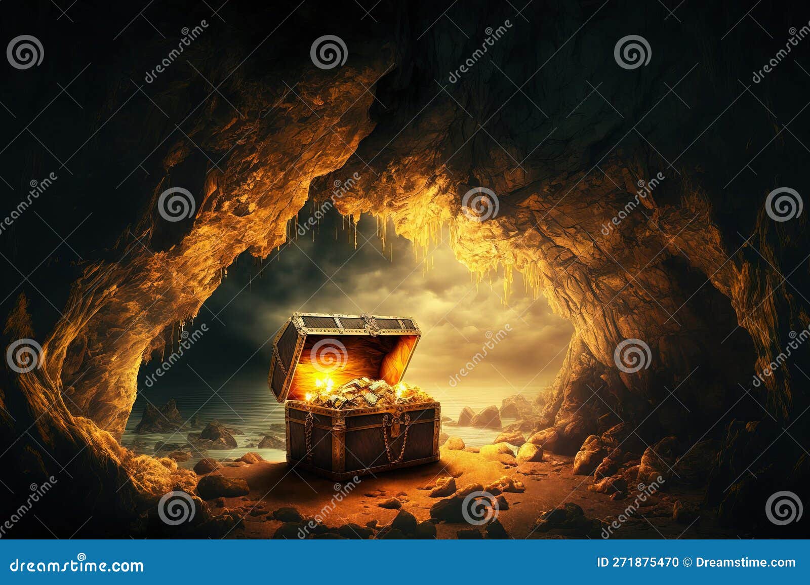 Picture of a Cave with an Open Treasure Box Filled with Shiny Gold ...