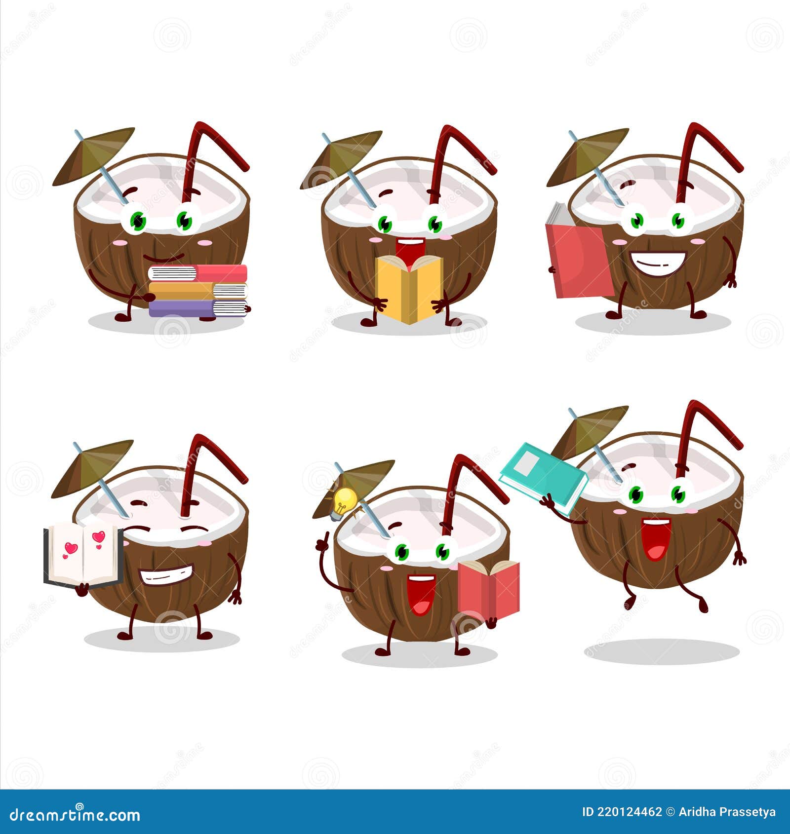 A Picture of Coconut Drink Cartoon Character Concept Reading an Amusing ...