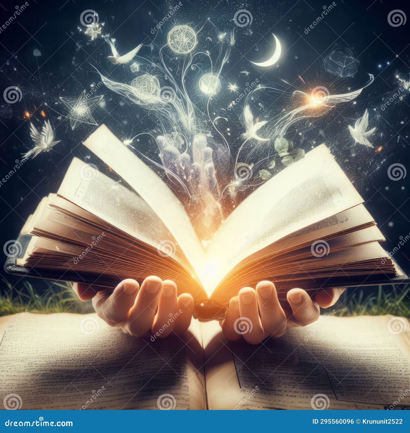 Concept of an Open Magic Book, Open Pages and Hands. Fantasy Stock ...