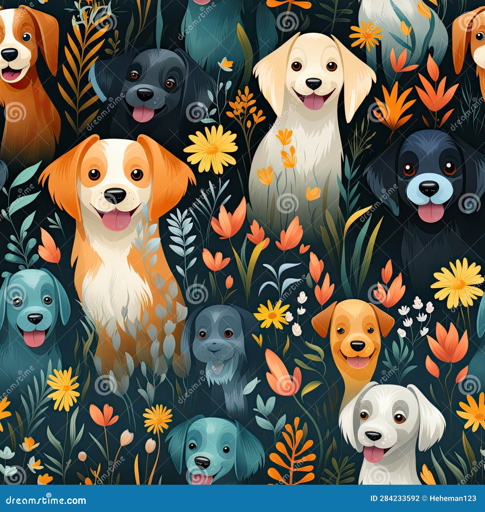 Delightful Repeating Pattern Colorful of Various Cute Adorable Dogs ...