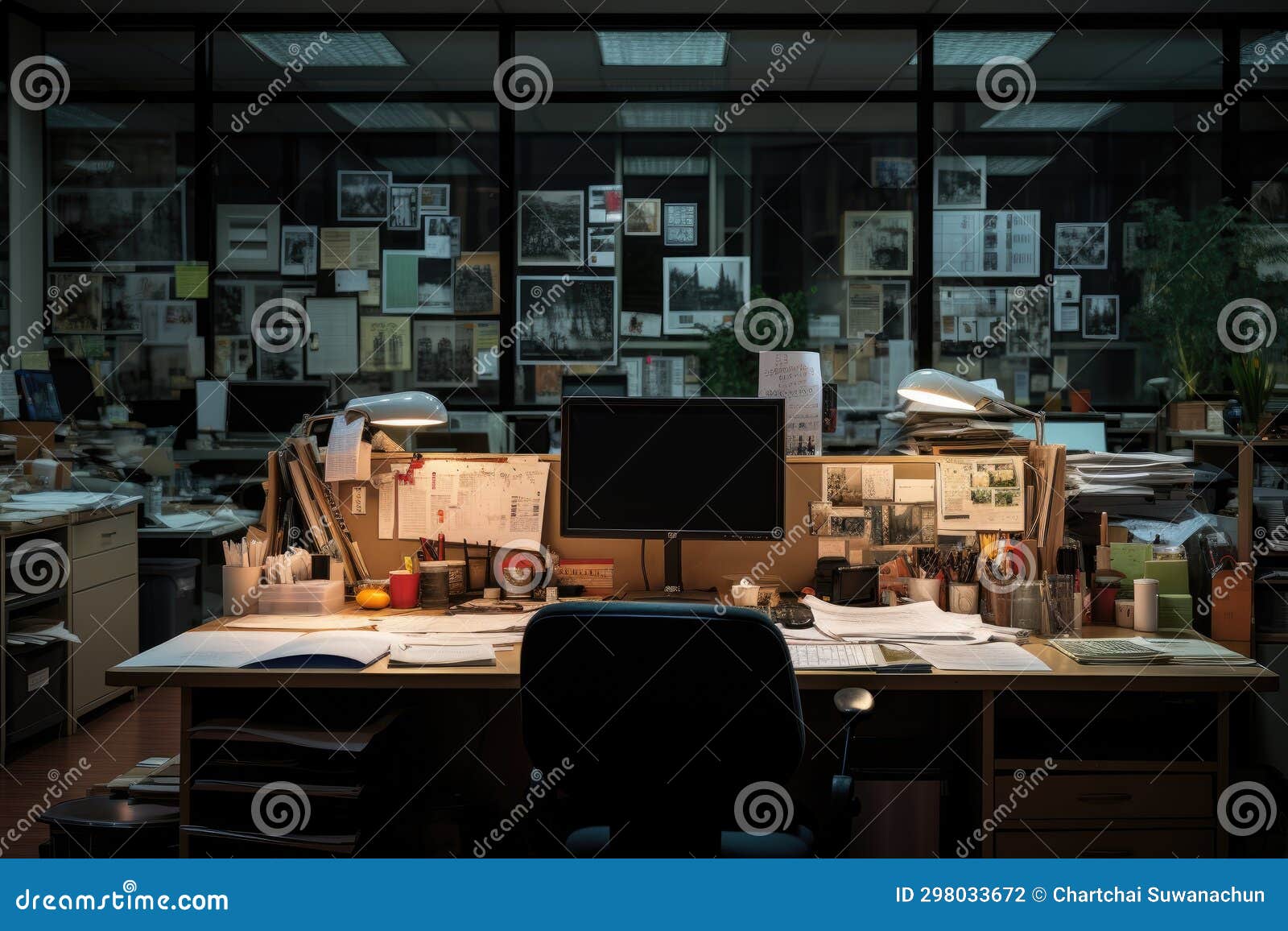 Picture of a Dim Workplace Filled with Many Documents Office after ...