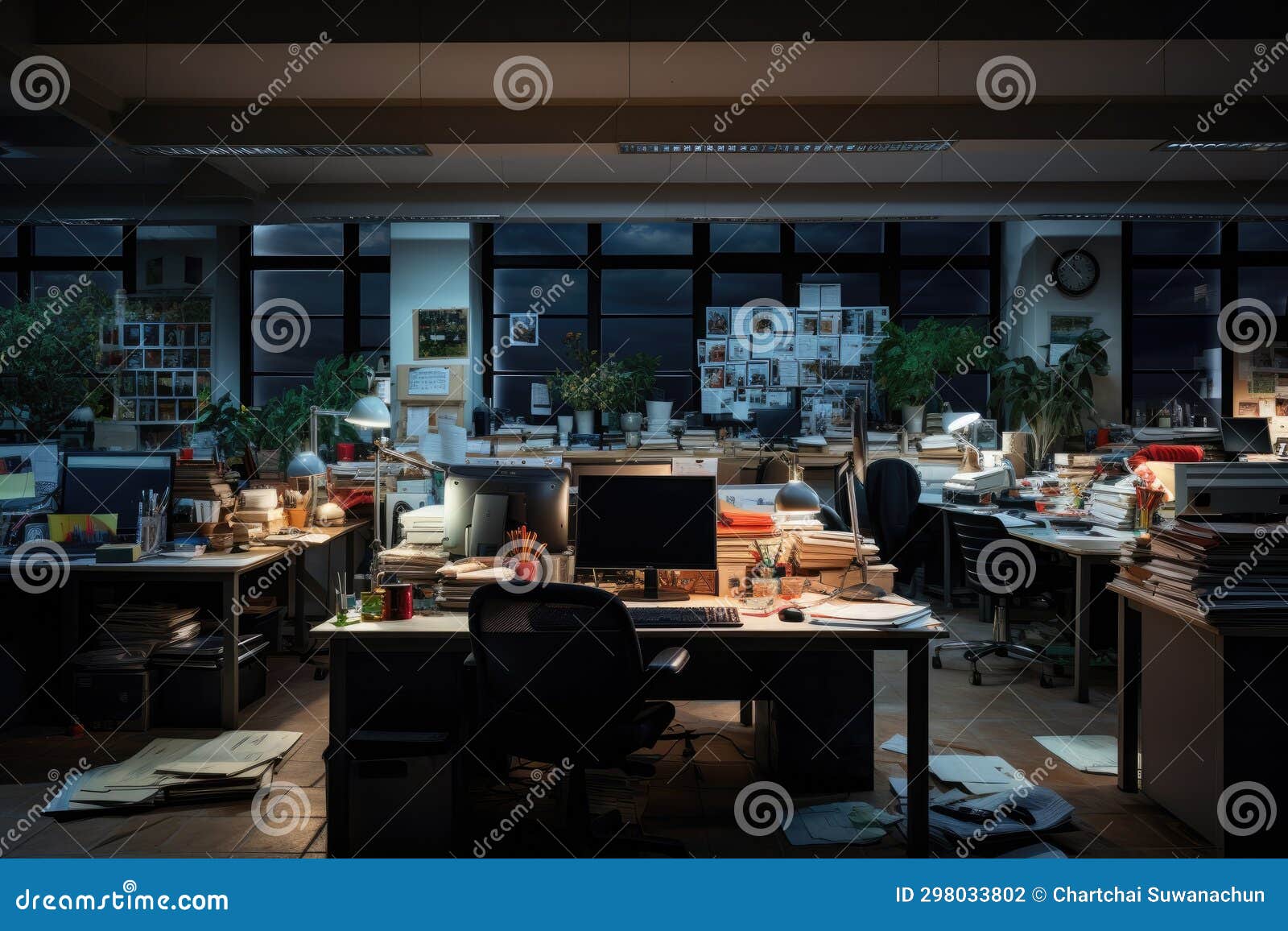 Picture of a Dim Workplace Filled with Many Documents Office after ...