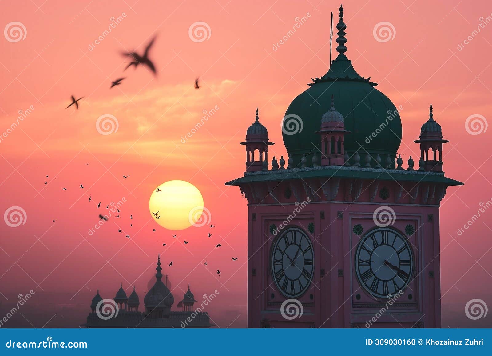 A Picture of the Dome and a Clock Tower in a Mosque at Sunset or ...