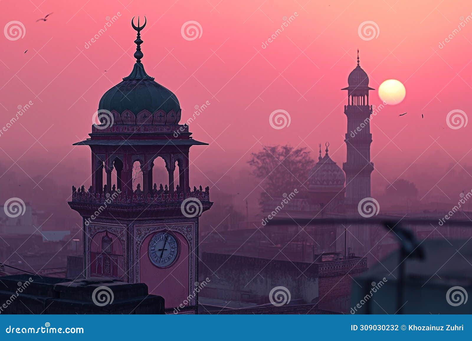 A Picture of the Dome and a Clock Tower in a Mosque at Sunset or ...
