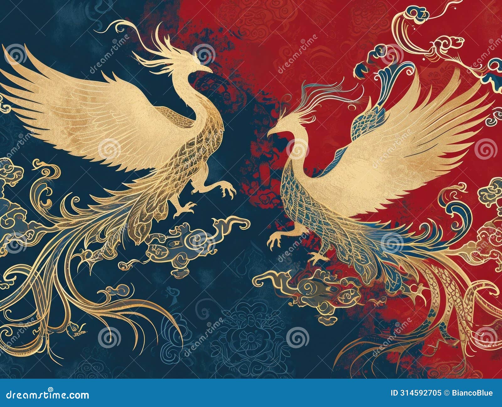 The Picture of Double Flying Phoenix that Stay Opposite of Each Other ...