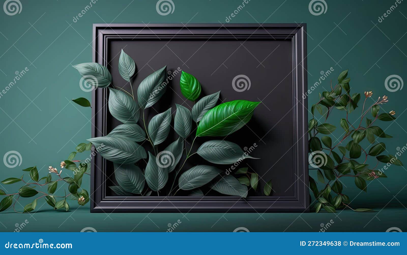 A Picture Frame with Leaves on a Green Background with a Plant Stock ...