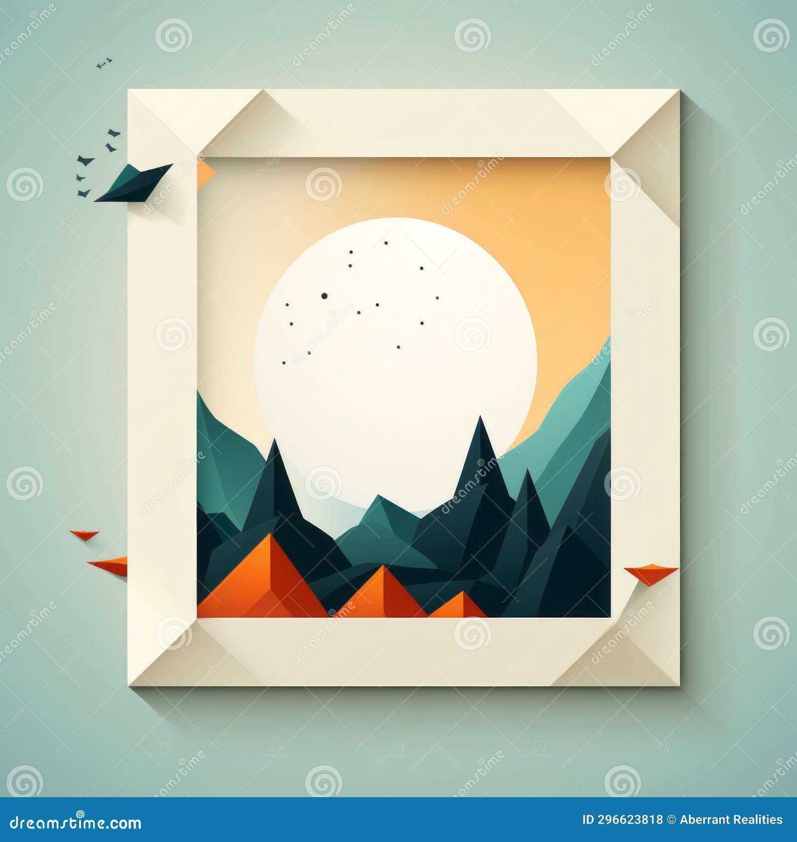 A Picture Frame with Mountains and a Sun in the Background Stock Photo ...