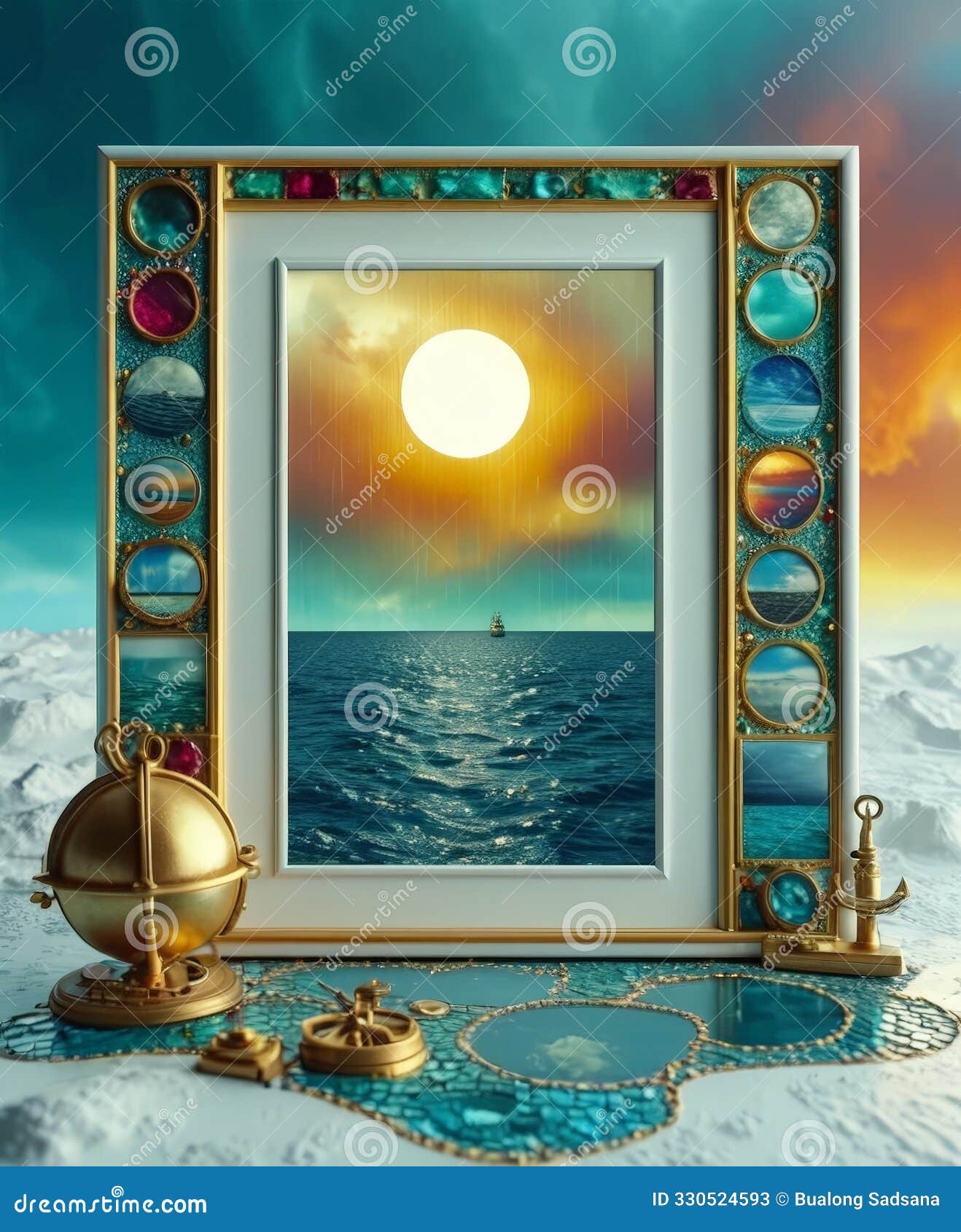 Picture Frame with Ship in the Ocean and Golden Lantern on Shore Stock ...
