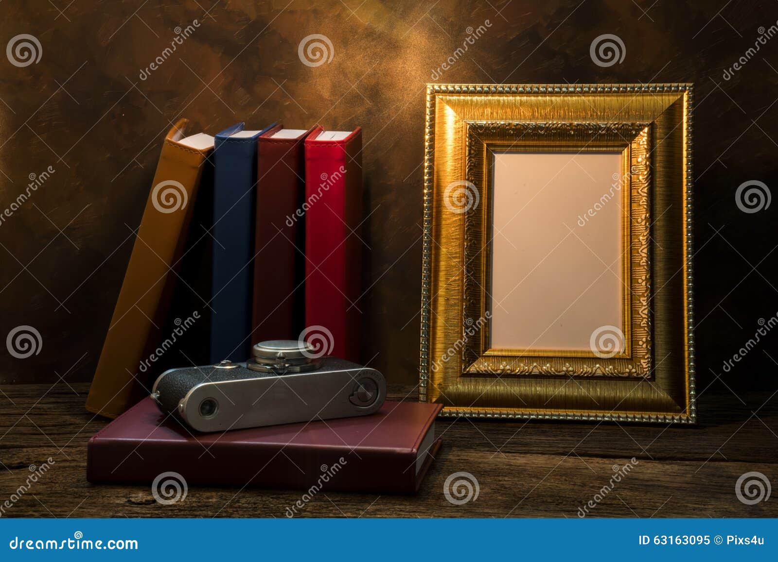Picture Frame on Table with Vintage Camera and Diary Book Stock Image ...