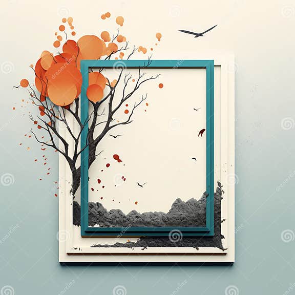 A Picture Frame with a Tree and Birds Flying Above it Stock ...