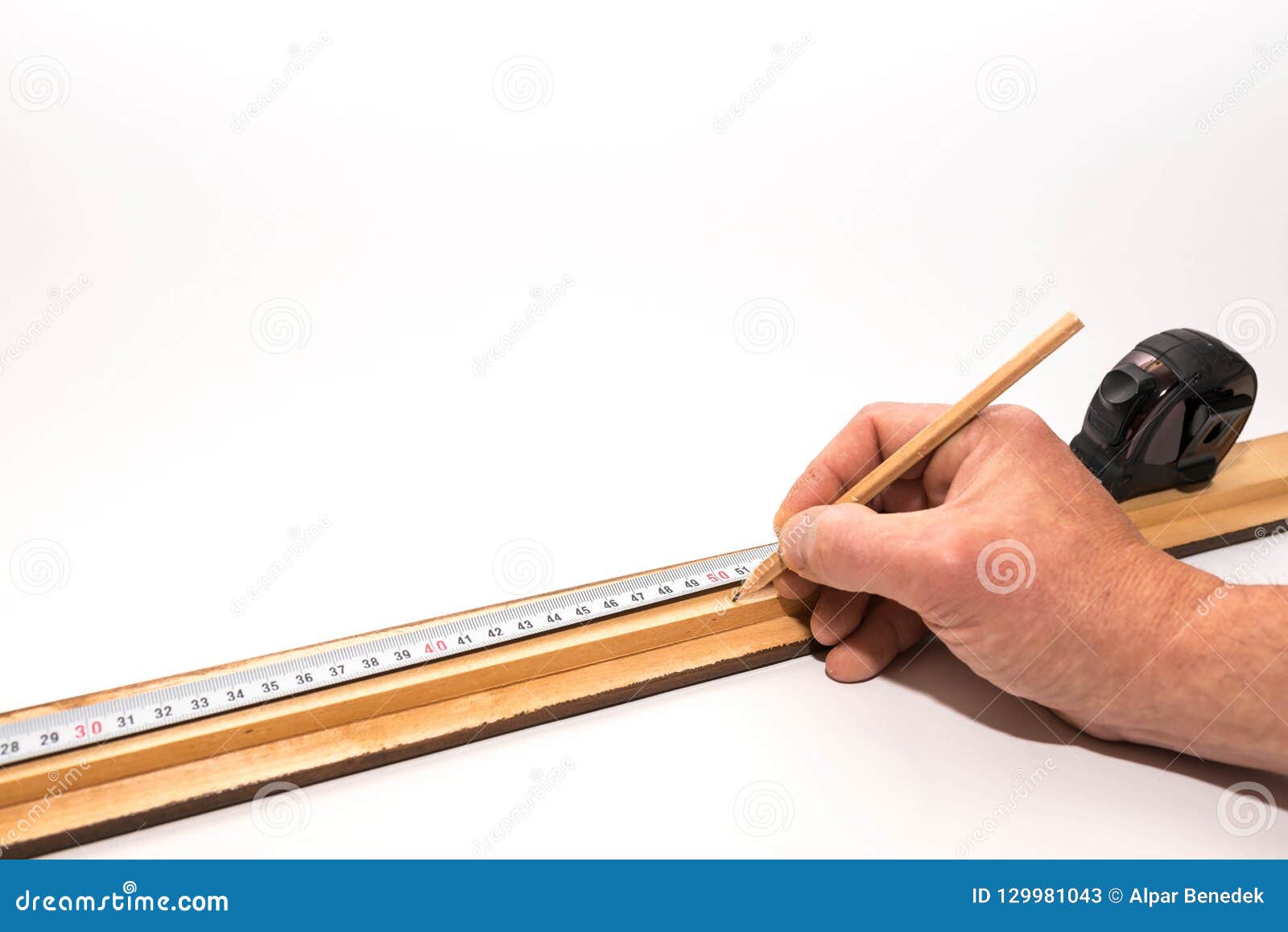 Picture Framer, Carpenter Marking A Long Piece Of Picture Frame With A ...