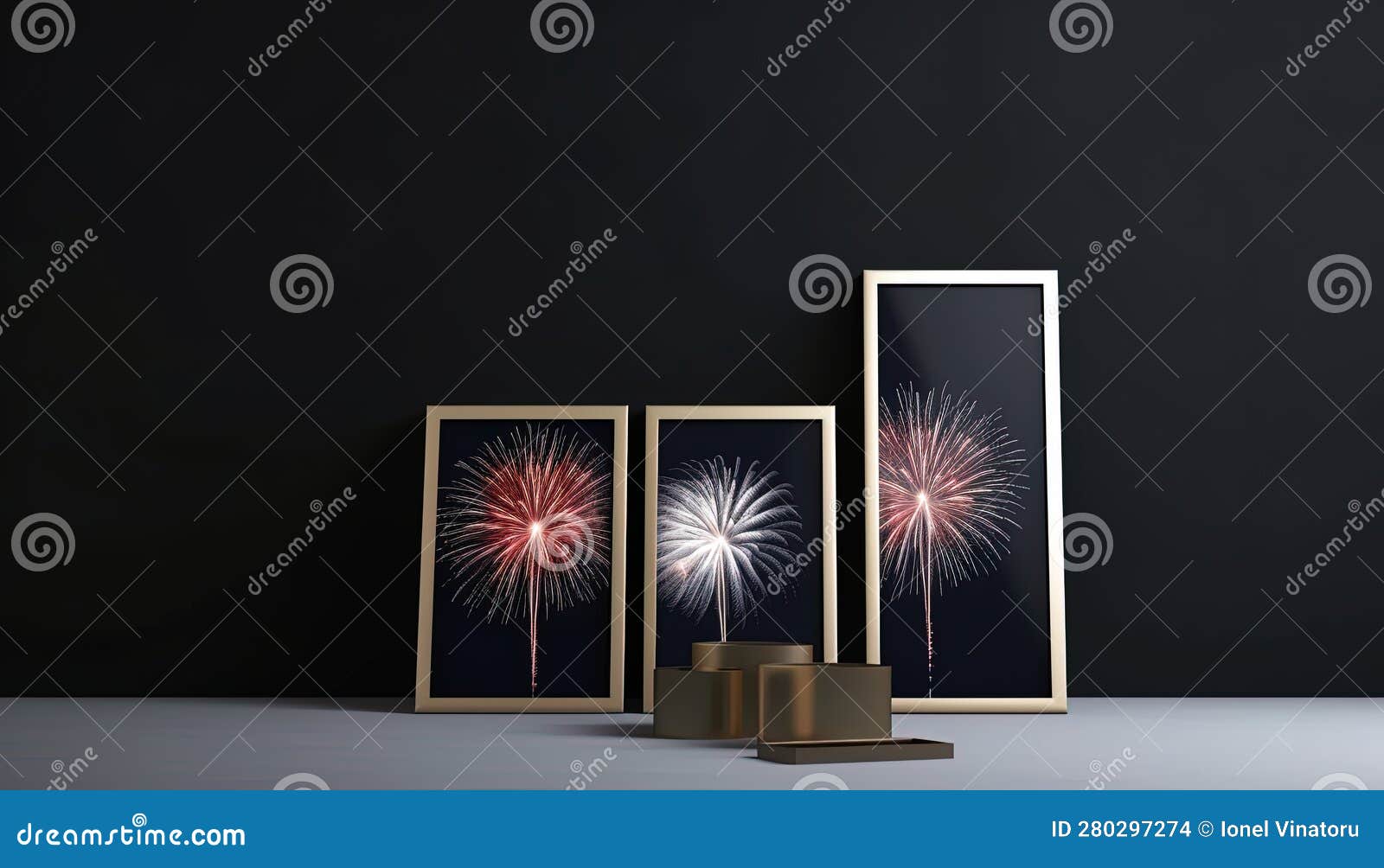 Picture Frames with Fireworks on Dark Gradient Background Stock ...