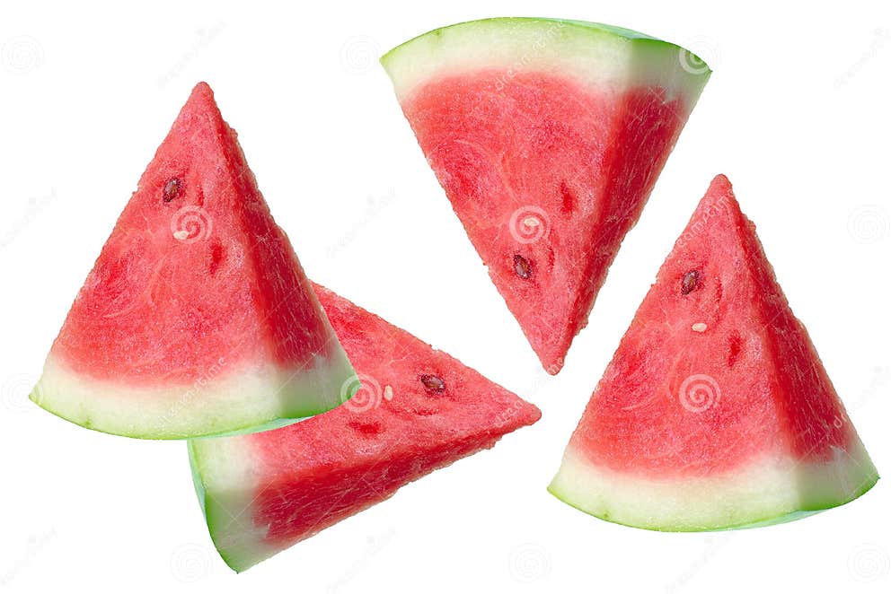 Picture a Group of Triangular Pieces of Red Watermelon Fruit in Space ...