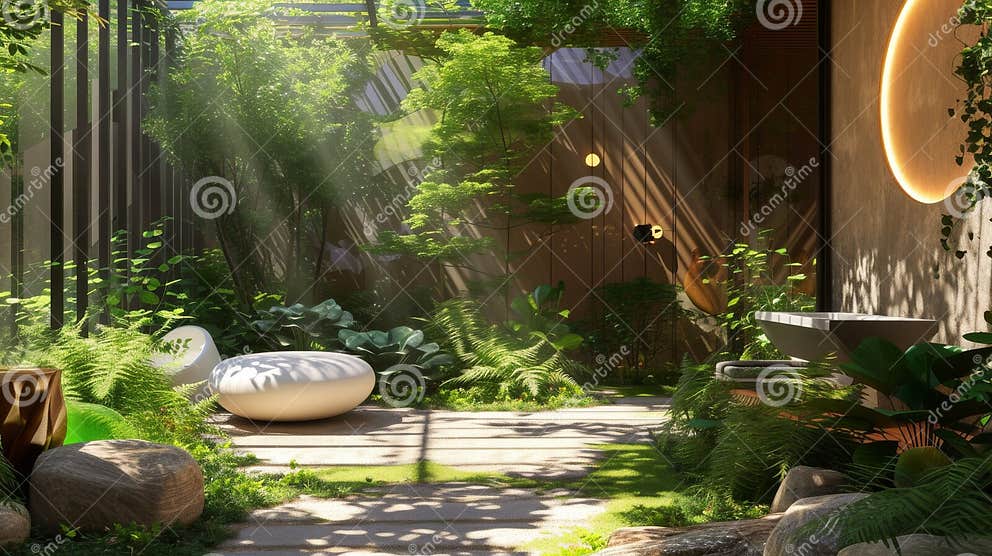 Modern Sunlit Courtyard with Lush Greenery Stock Photo - Image of ... Modern Sunlit Courtyard with Lush Greenery Stock Photo - Image of ...