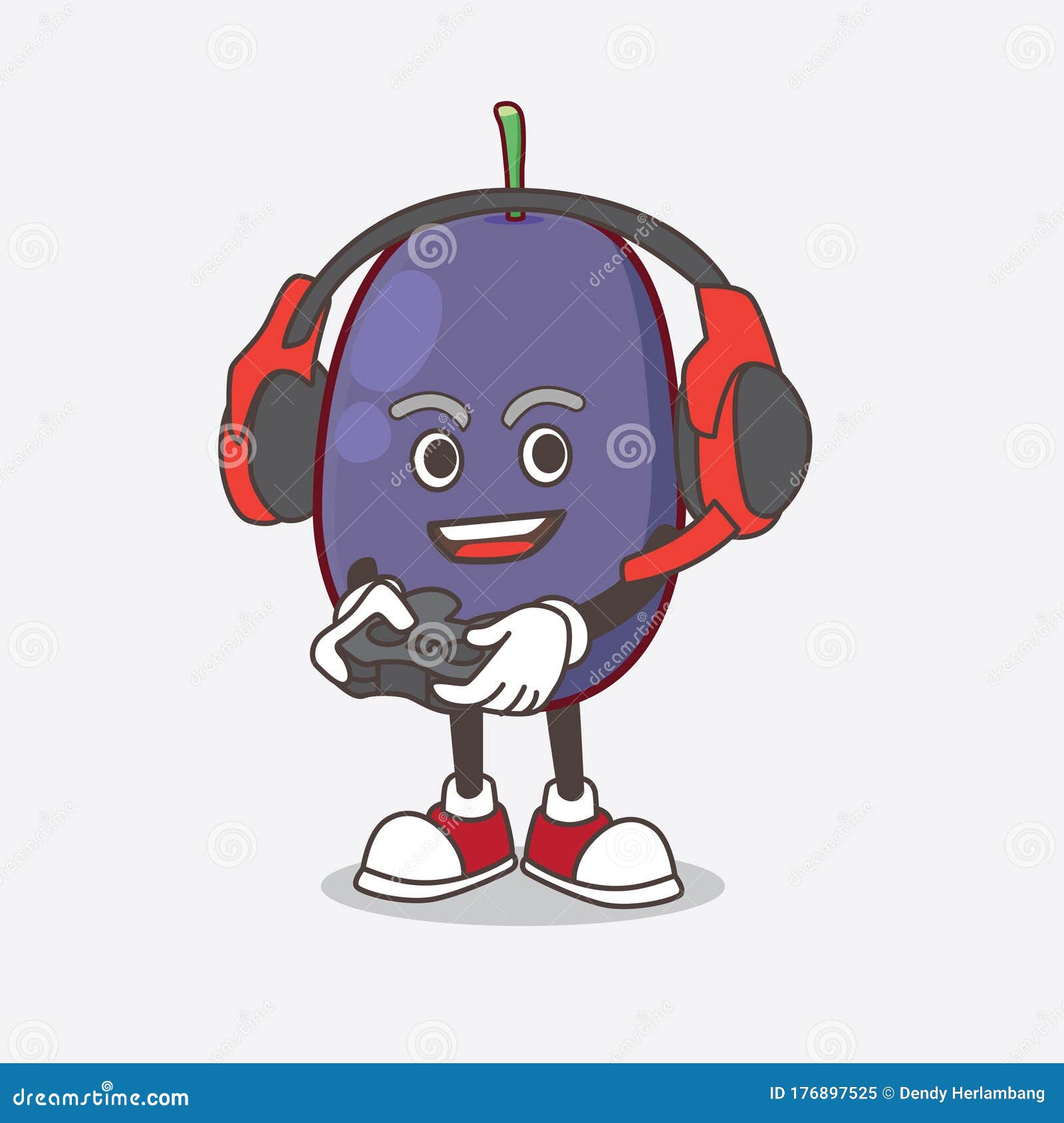 Java Plum Cartoon Mascot Character Play a Game with Headphone and ...