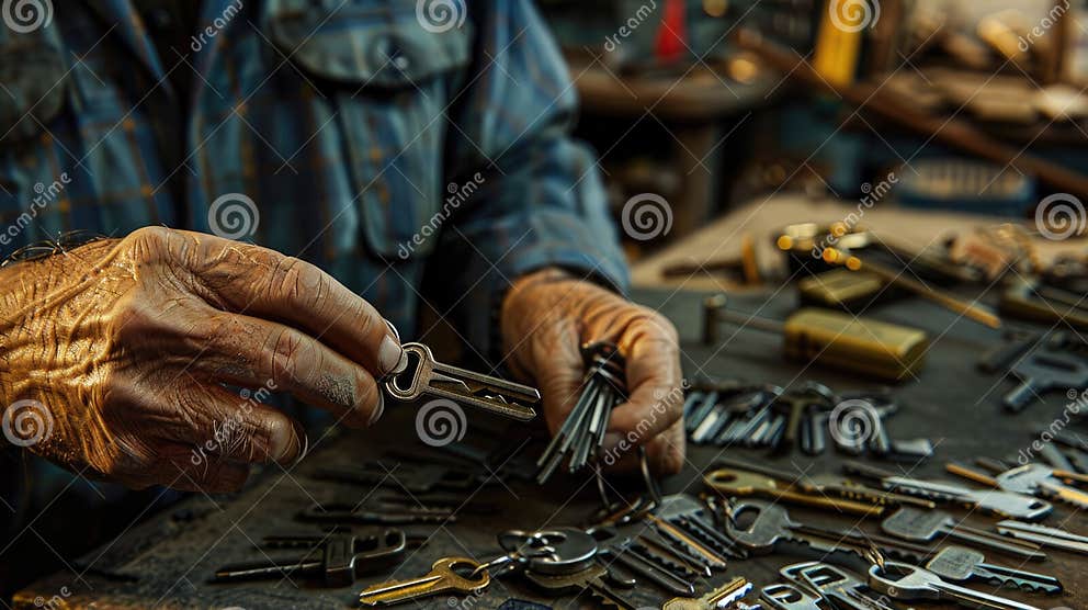 The Locksmith Working in the Workshop Filled with the Keys and Work ...