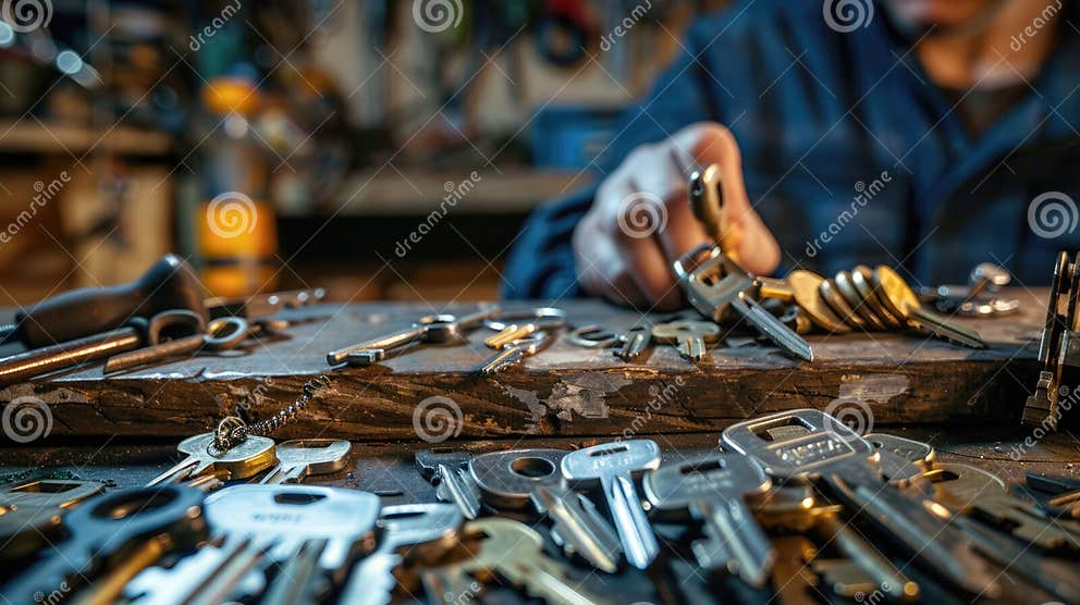 The Locksmith Working in the Workshop Filled with the Keys and Work ...