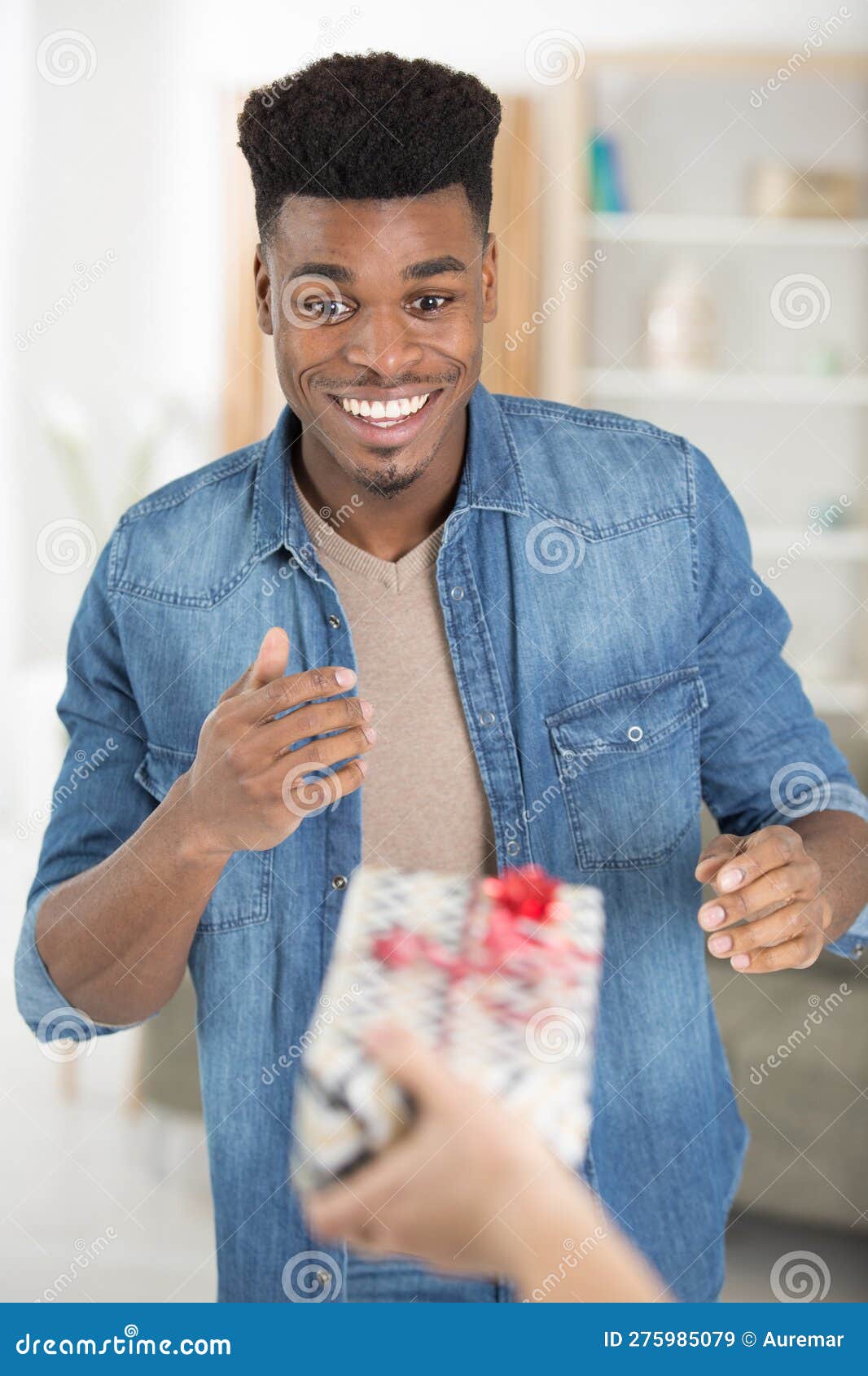 Picture Man Excitedly Receiving Gift Stock Image - Image of casual ...
