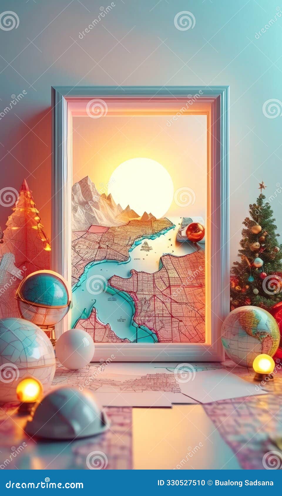 Picture Map with Christmas Tree and Stock Illustration - Illustration ...
