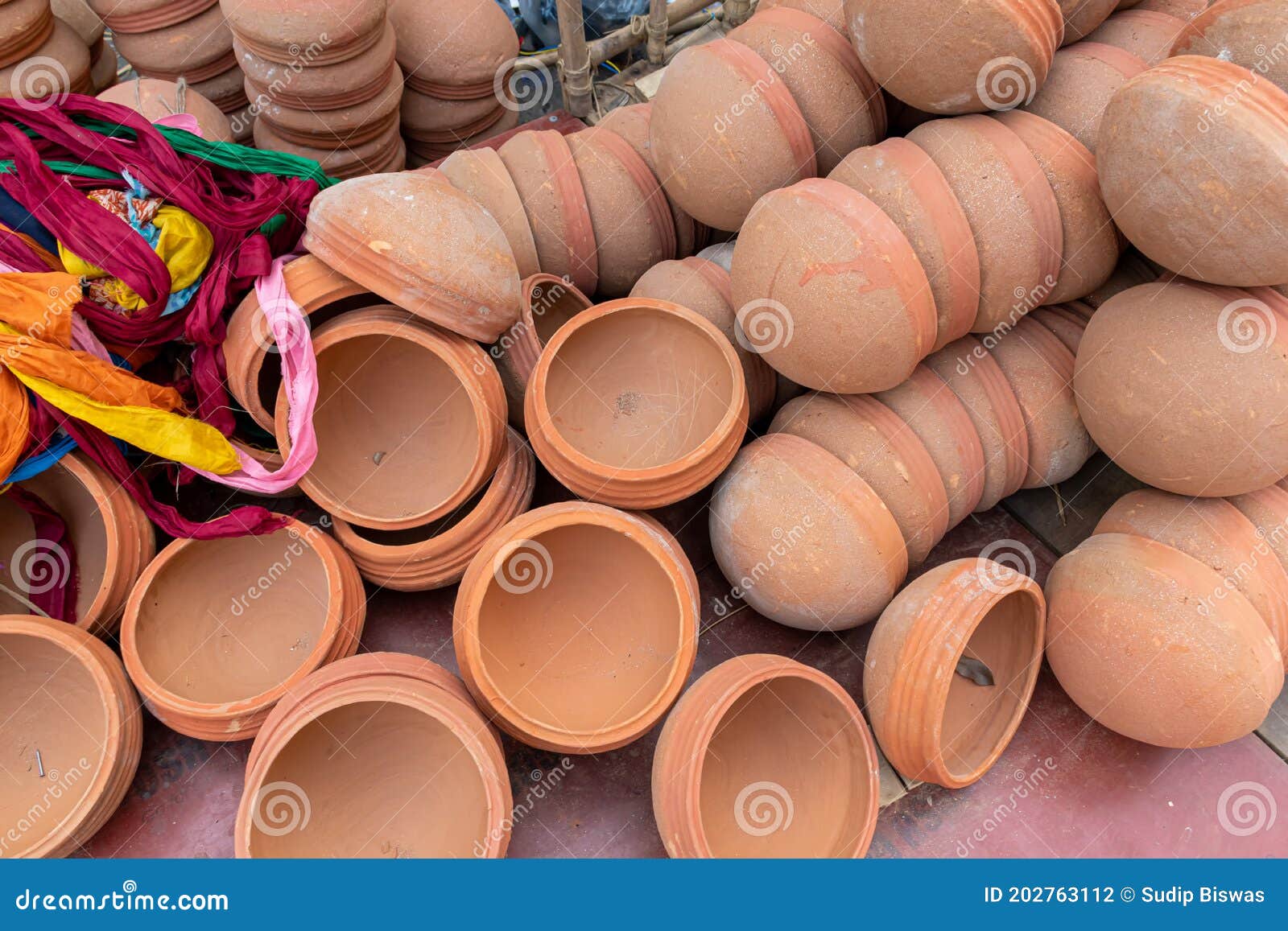 Picture of Pile of Round Clay Pot for Food or Earthenware Stock Photo ...