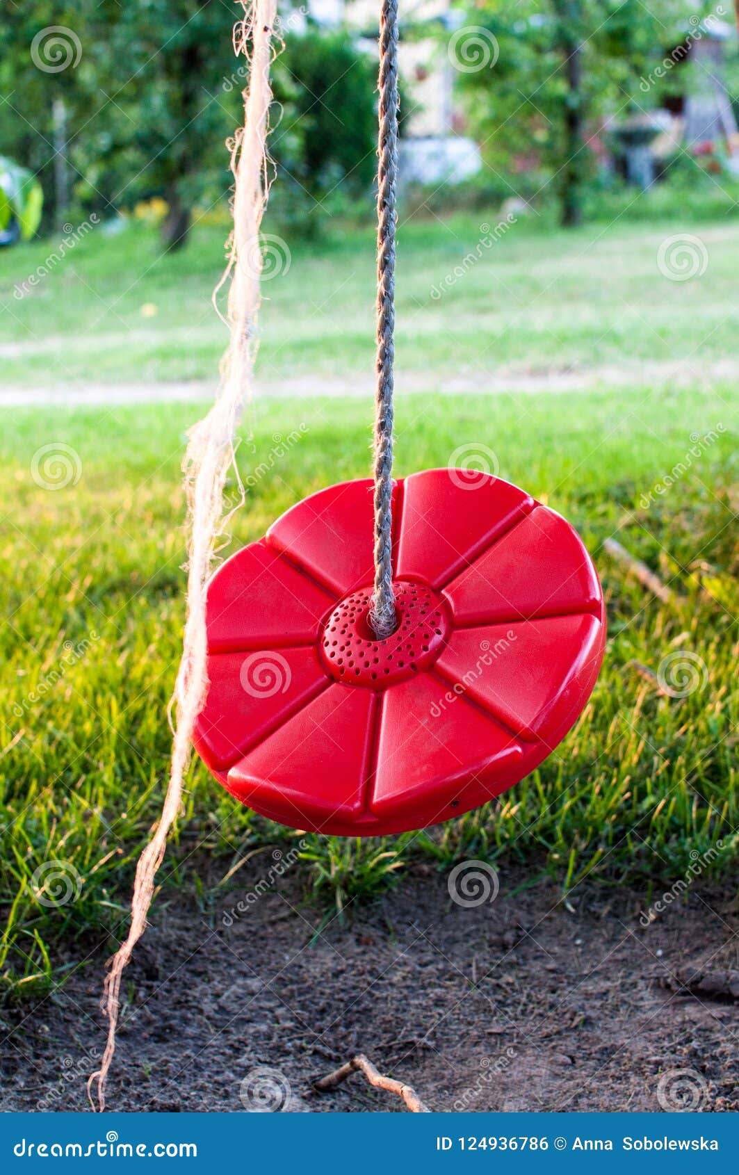 Picture of a Red, Round Swing for Kids in the Backyard Stock Photo ...
