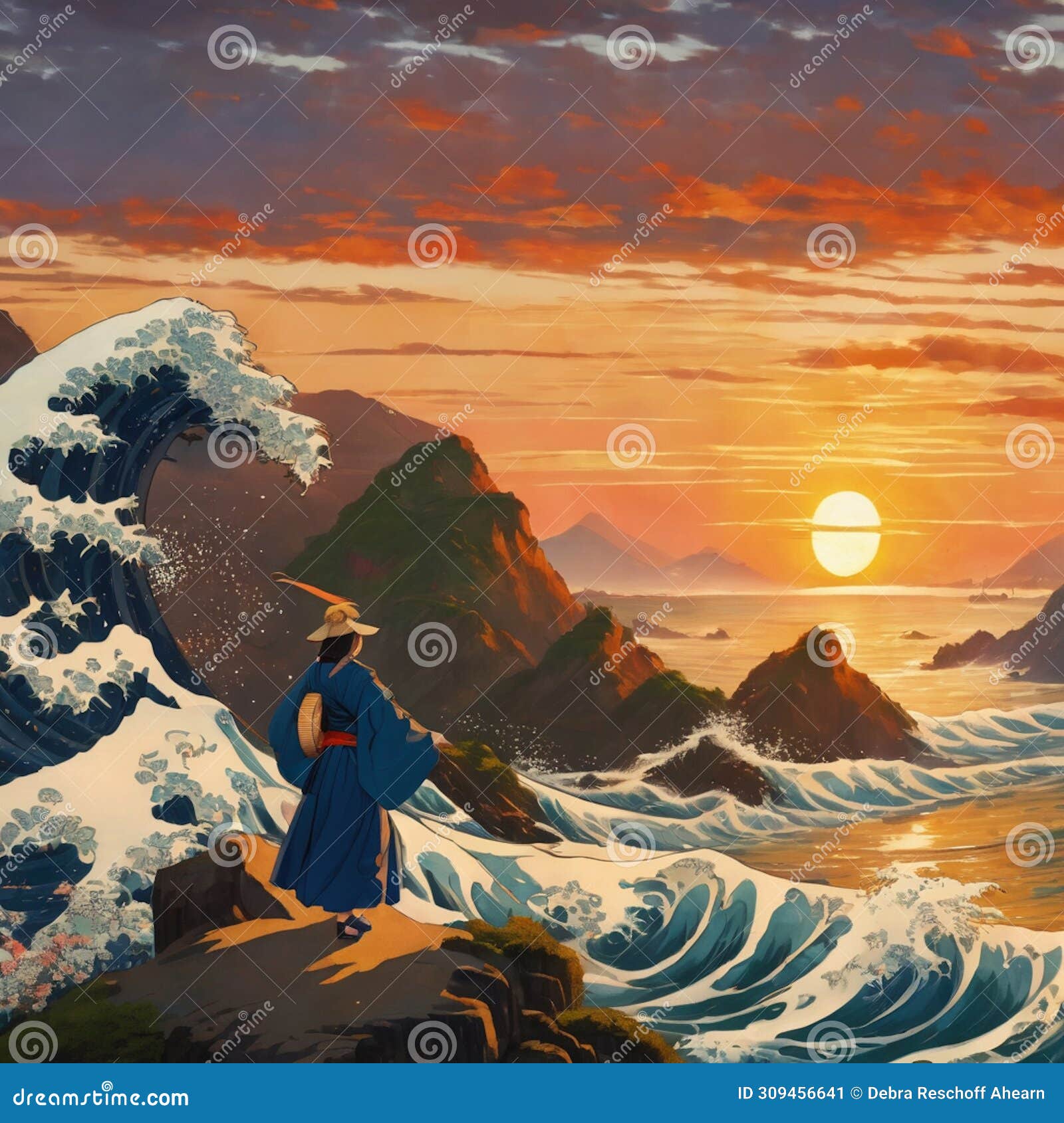 Samurai Looking at Sunset with Large Waves Stock Illustration ...