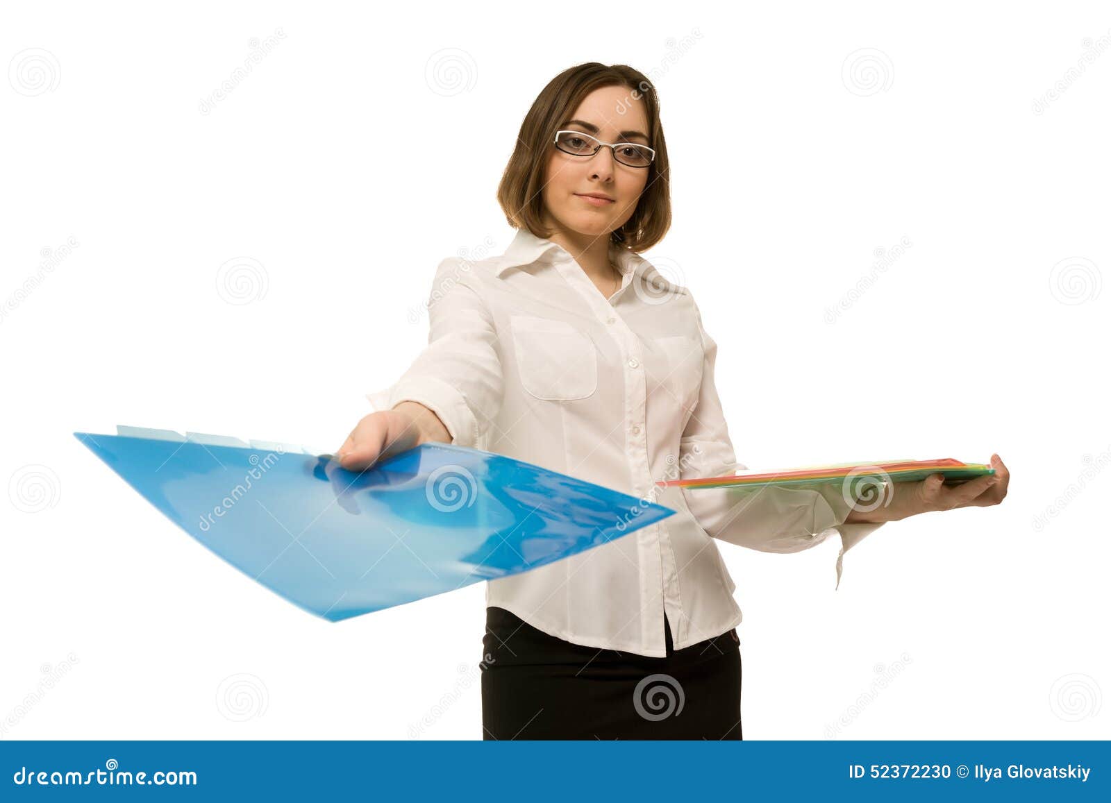 Picture of a Secretary Reaching a Blue Folder Stock Photo - Image of ...