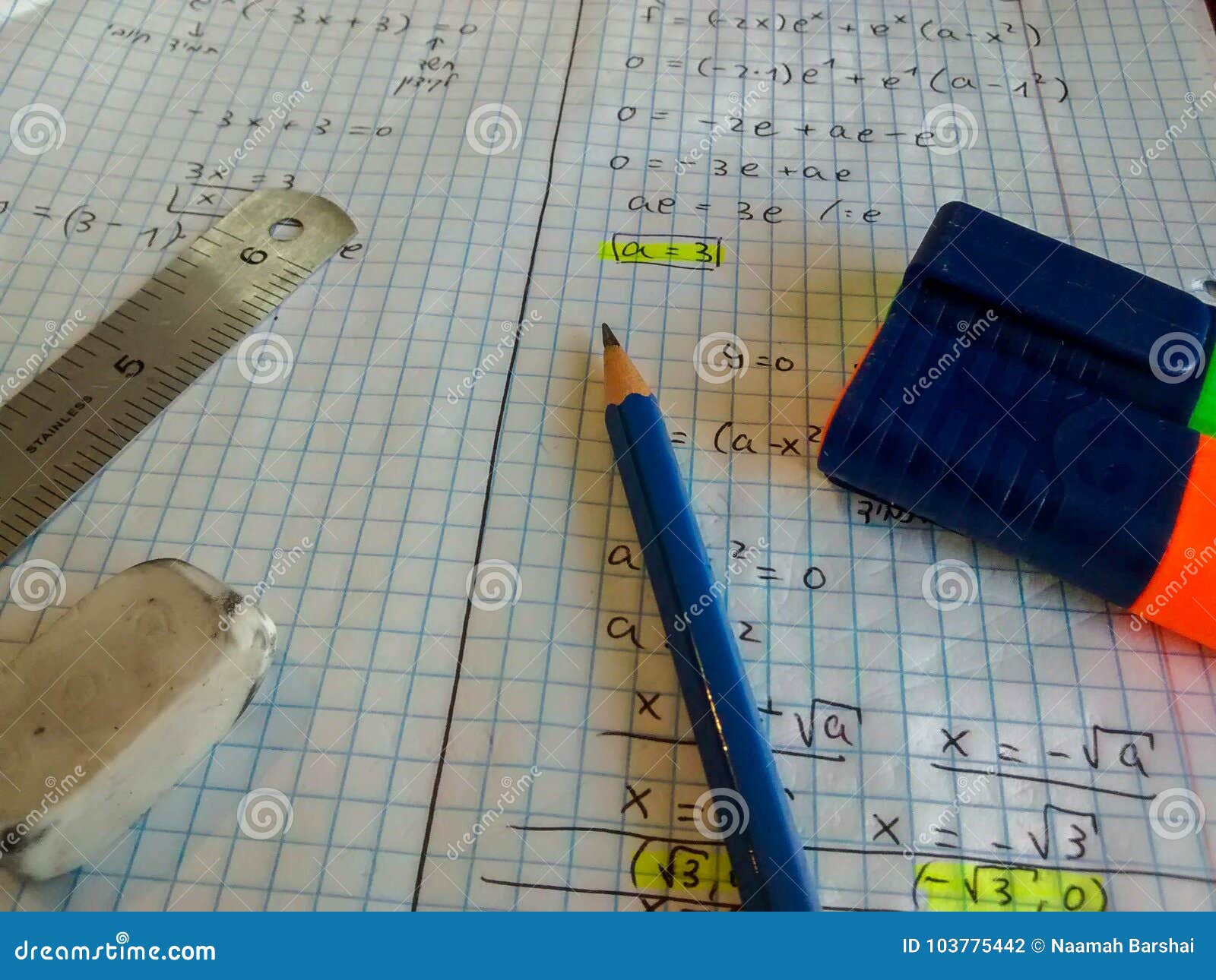 Math Equations Solved on Page, with Pencil, Colorful Markers, Er Stock ...