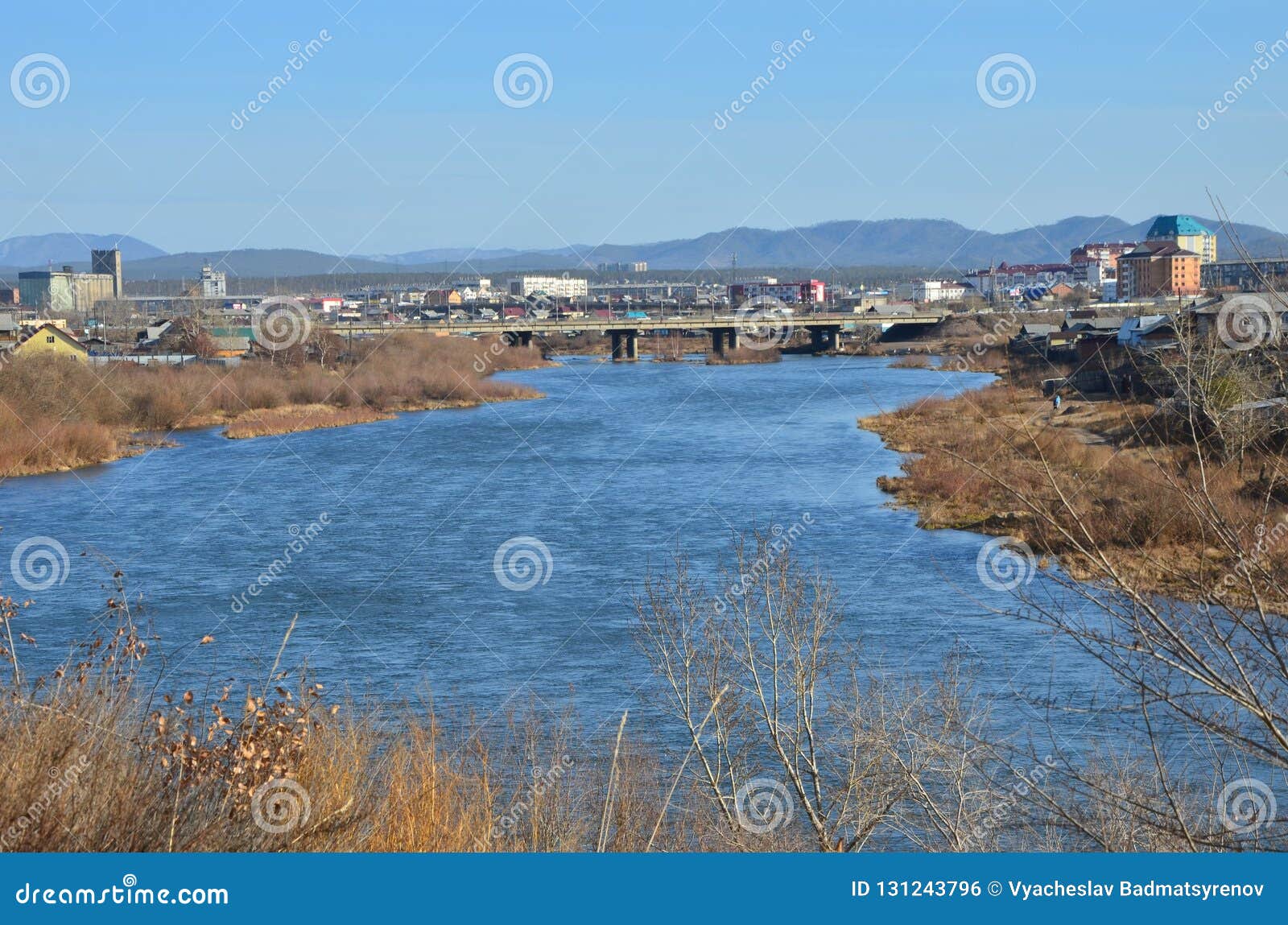 A River Turn with Bridge on Background Stock Photo - Image of flow ...