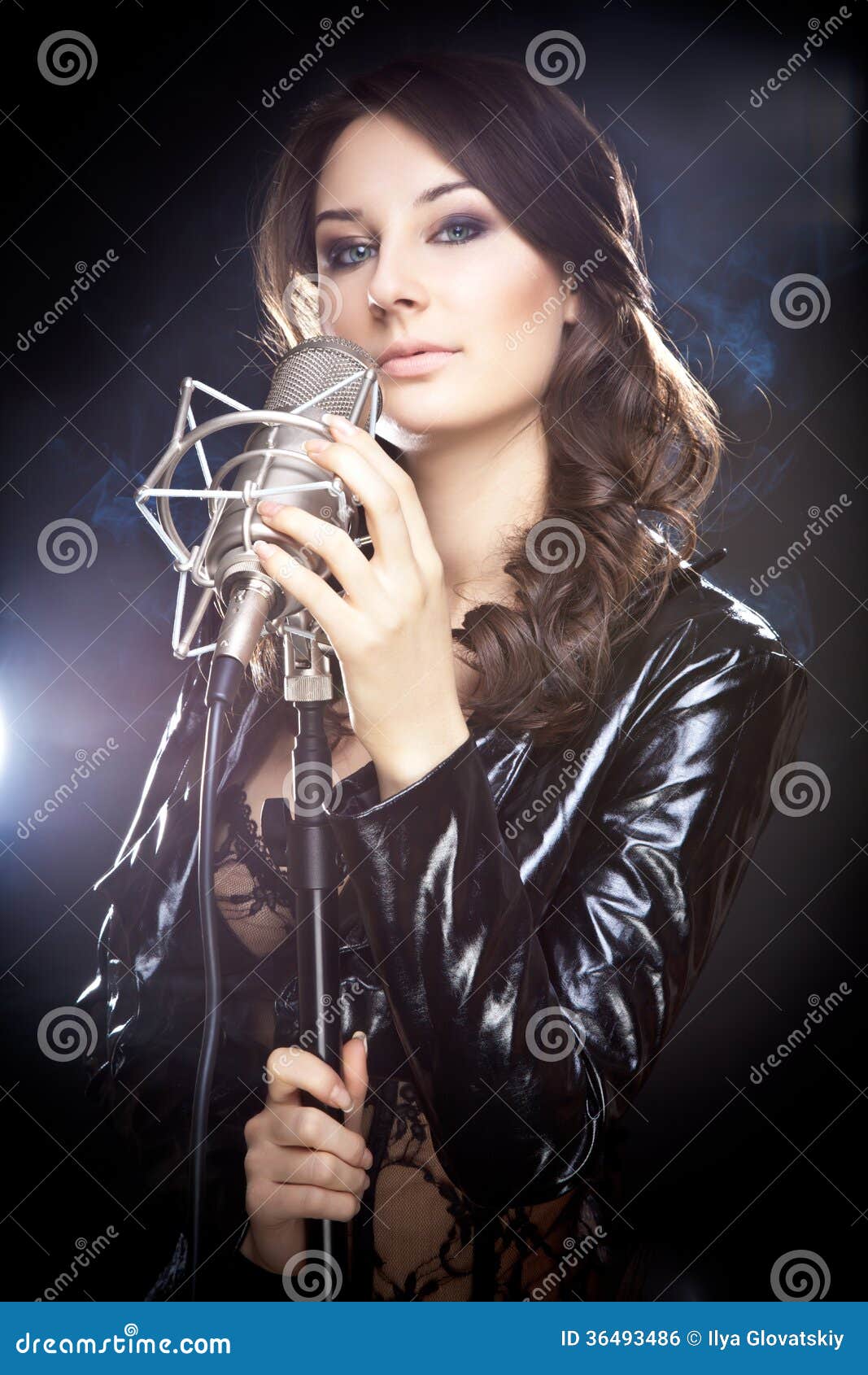 Picture of Singer with Studio Microphone Stock Photo - Image of looking ...