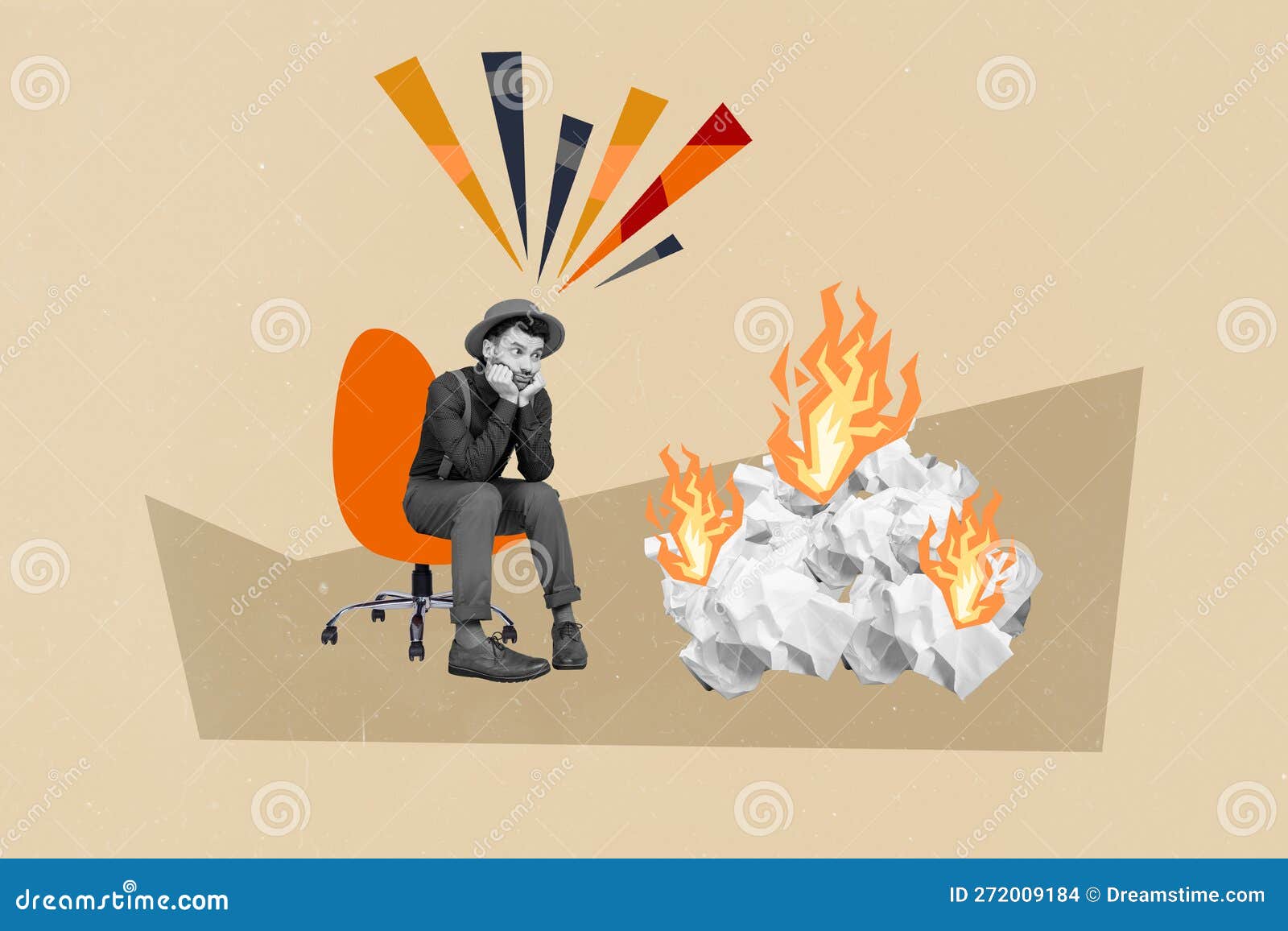 Picture Sketch 3d Collage Artwork Image Of Bored Unhappy Sad Man Burn