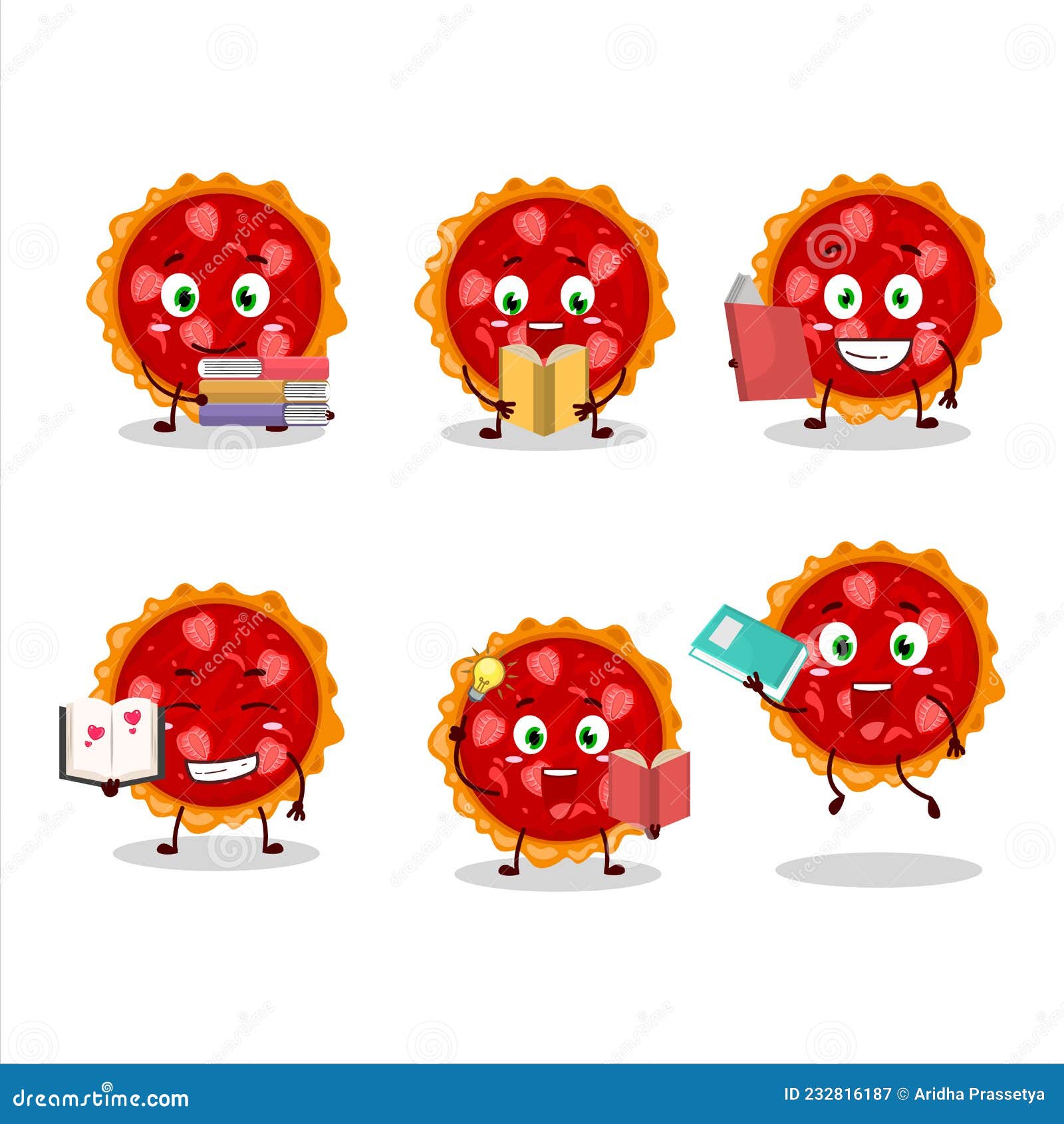 A Picture Of Strawberry Tart Cartoon Character Concept Reading An Amusing Book Stock Vector