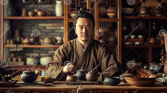 Tea Master or Tea Brewer Working Inside Workshop To Master Brewing ...