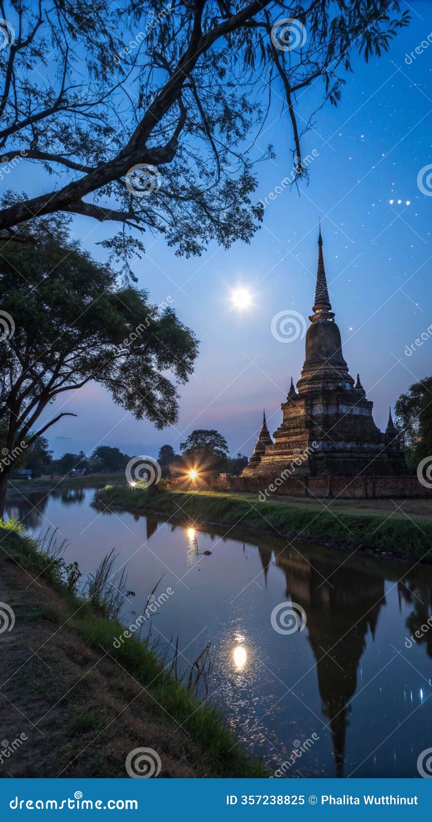 Picture of a Thai Temple by the River with a Reflection of the Temple ...