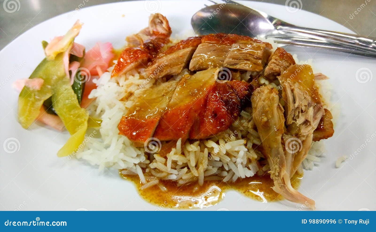 Roasted duck on rice stock photo. Image of roasted, rice - 98890996