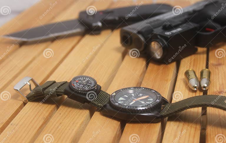 A Picture of Various Objects on Top of a Wooden Table Stock Photo ...