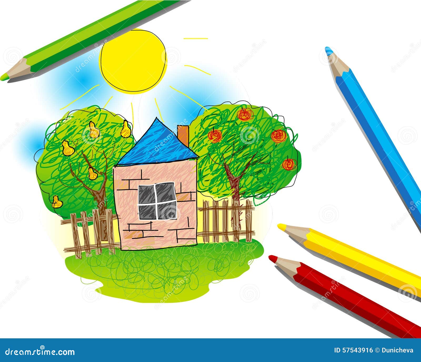 Picture Village House, Drawn with Colored Pencils. Stock Vector ...