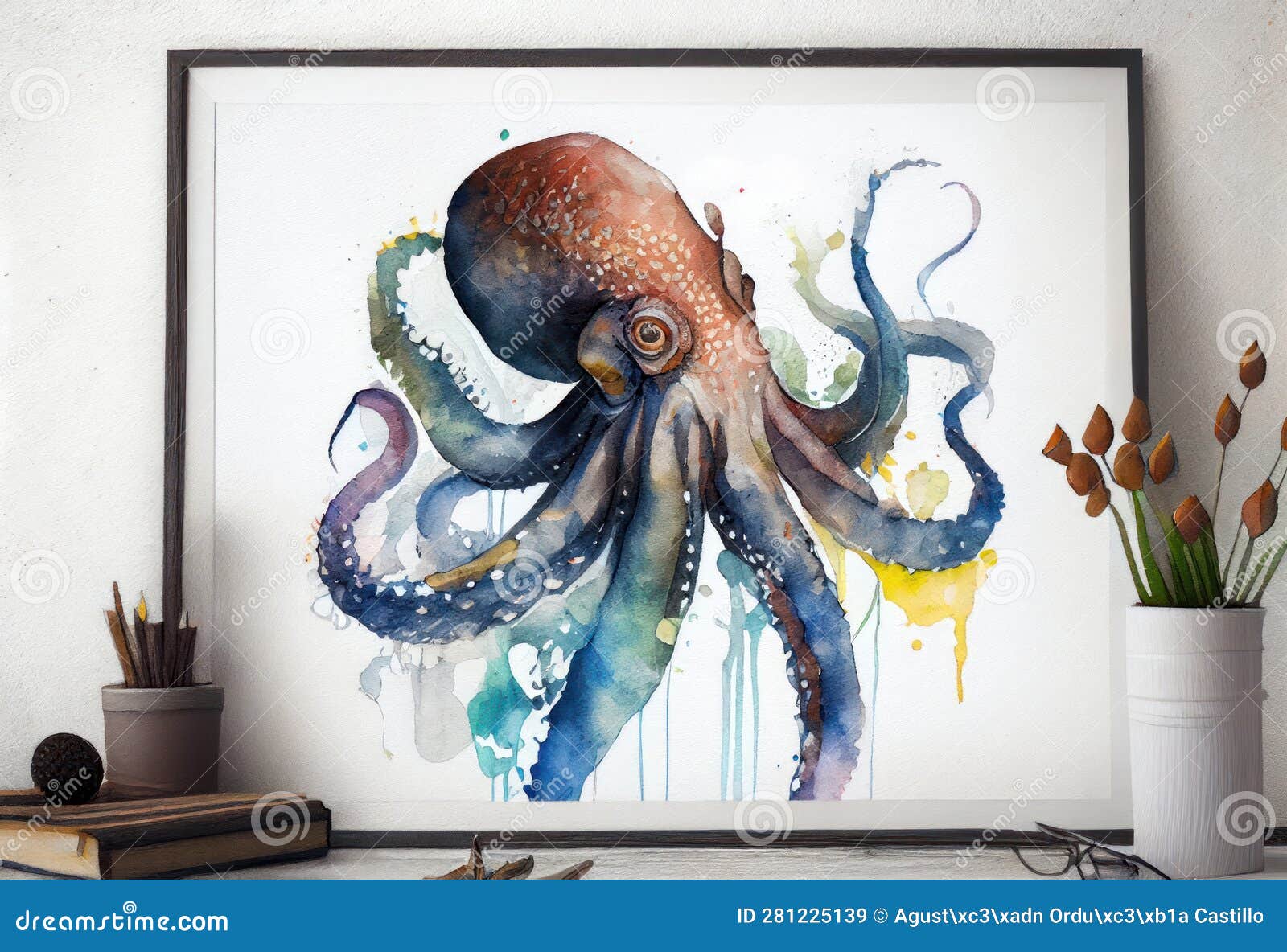 Picture of a Watercolor Drawing of a Giant Octopus. Stock Illustration ...