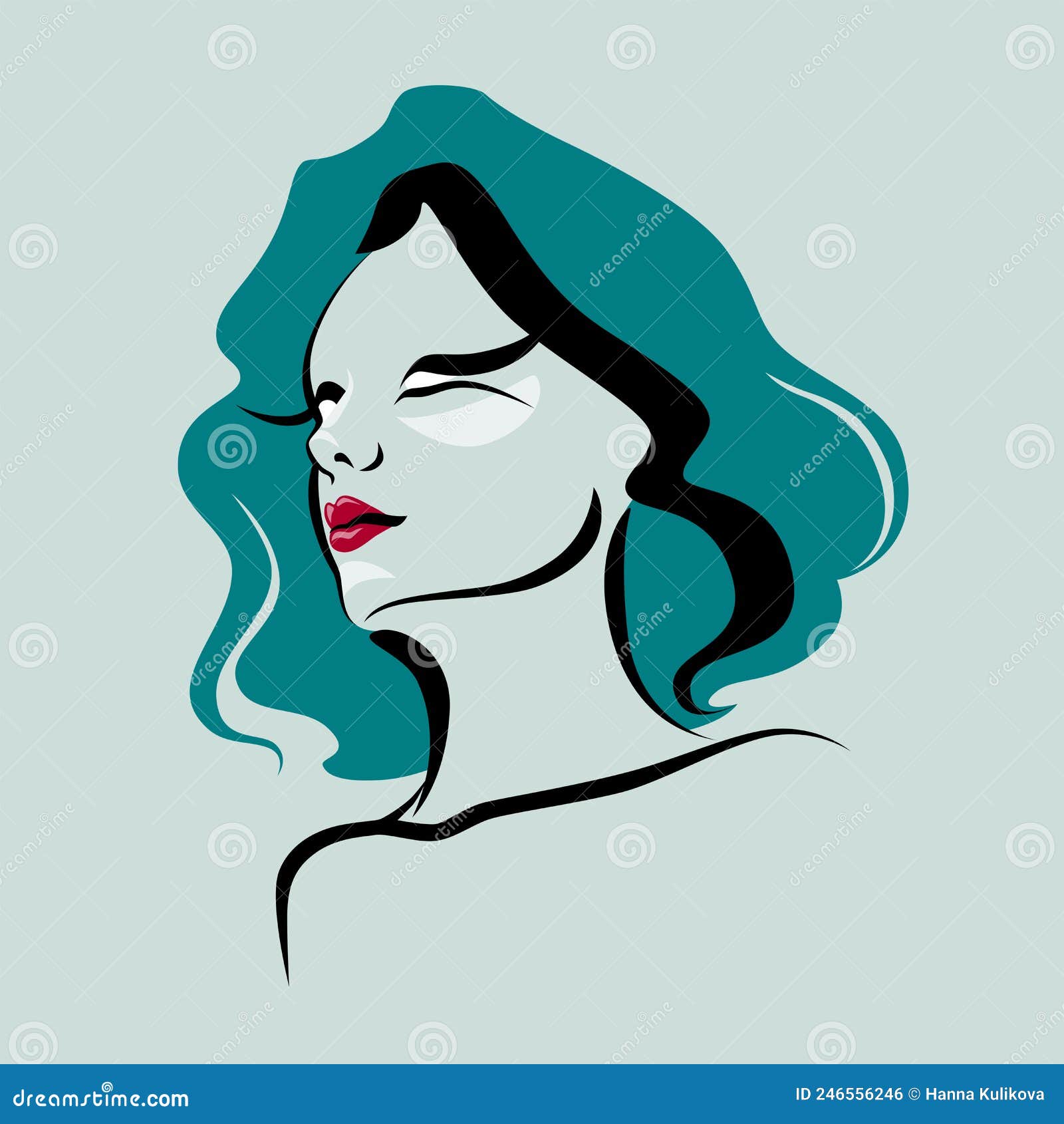Picture Of A Woman With Blue Short Wavy Hair And Bright Makeup Stock