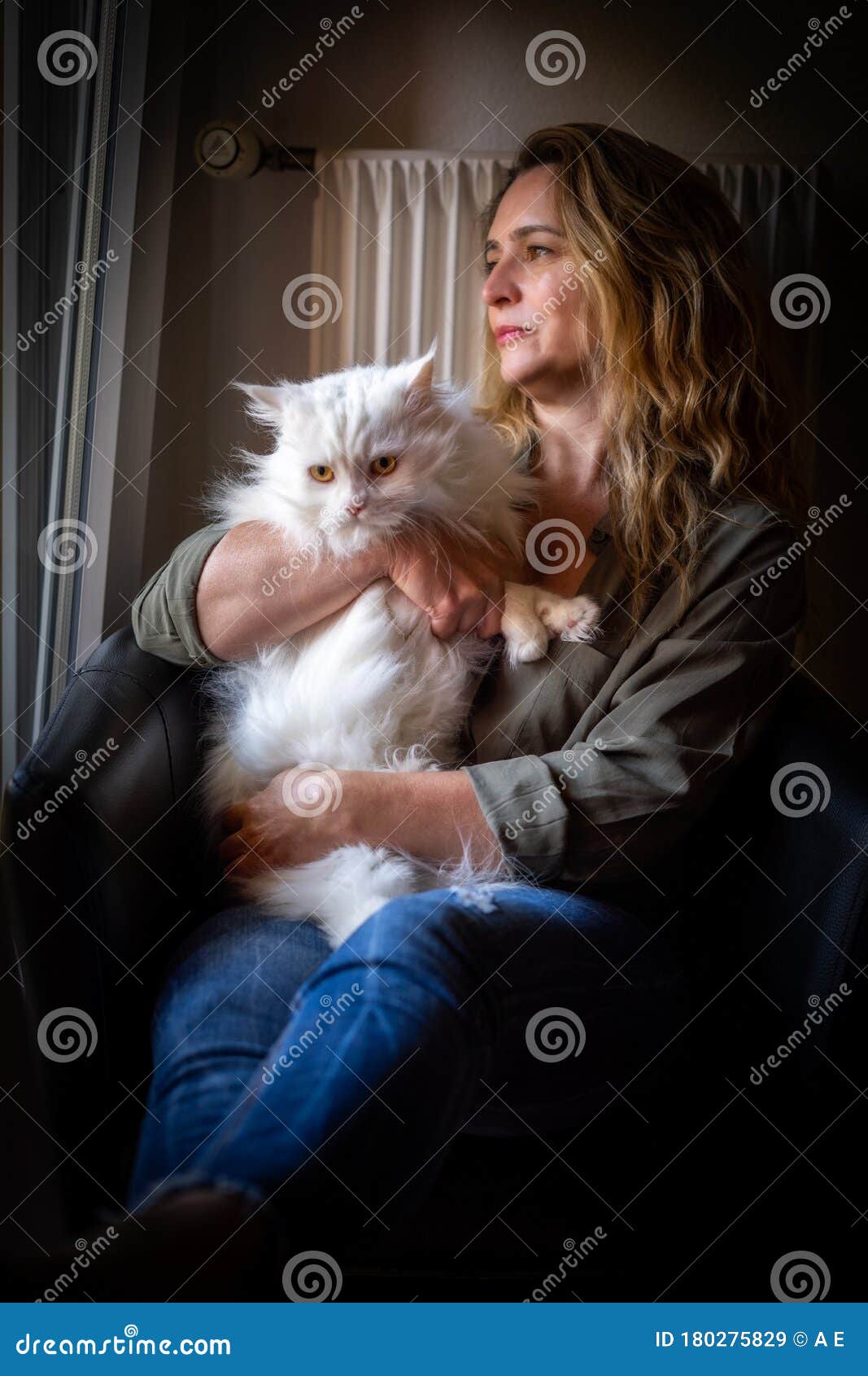 Woman with Withe Cat at Home Stock Image - Image of face, little: 180275829