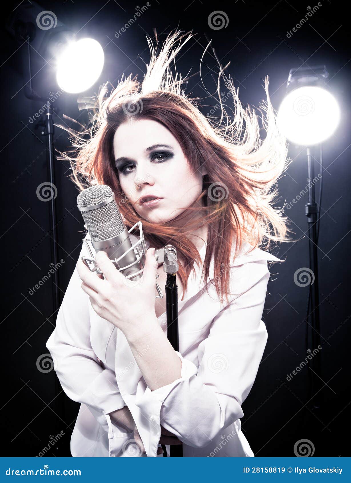 Picture of Woman with Microphone Stock Image - Image of recording ...