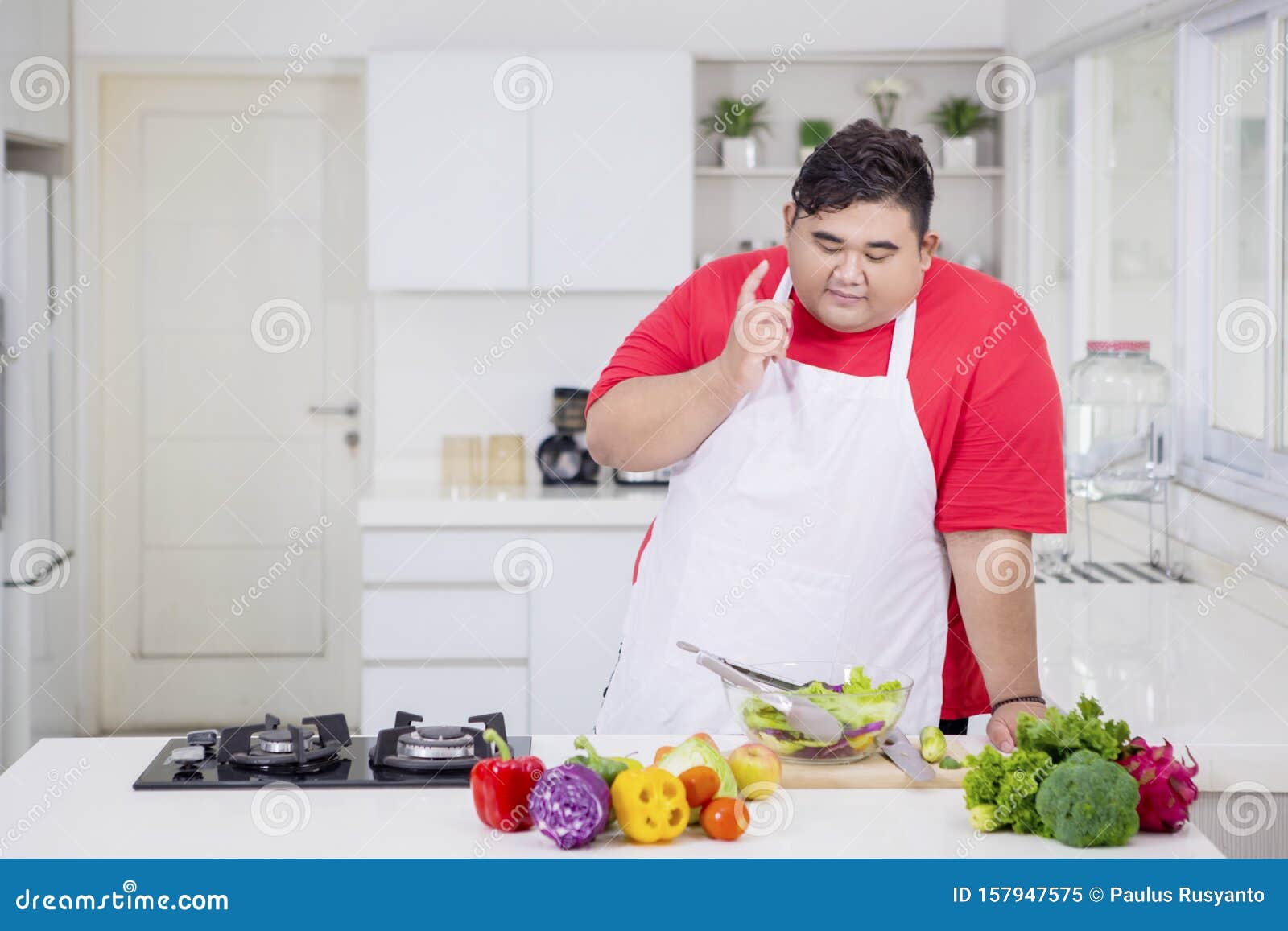 Obese Man Thinking an Idea in the Kitchen Stock Image - Image of ...