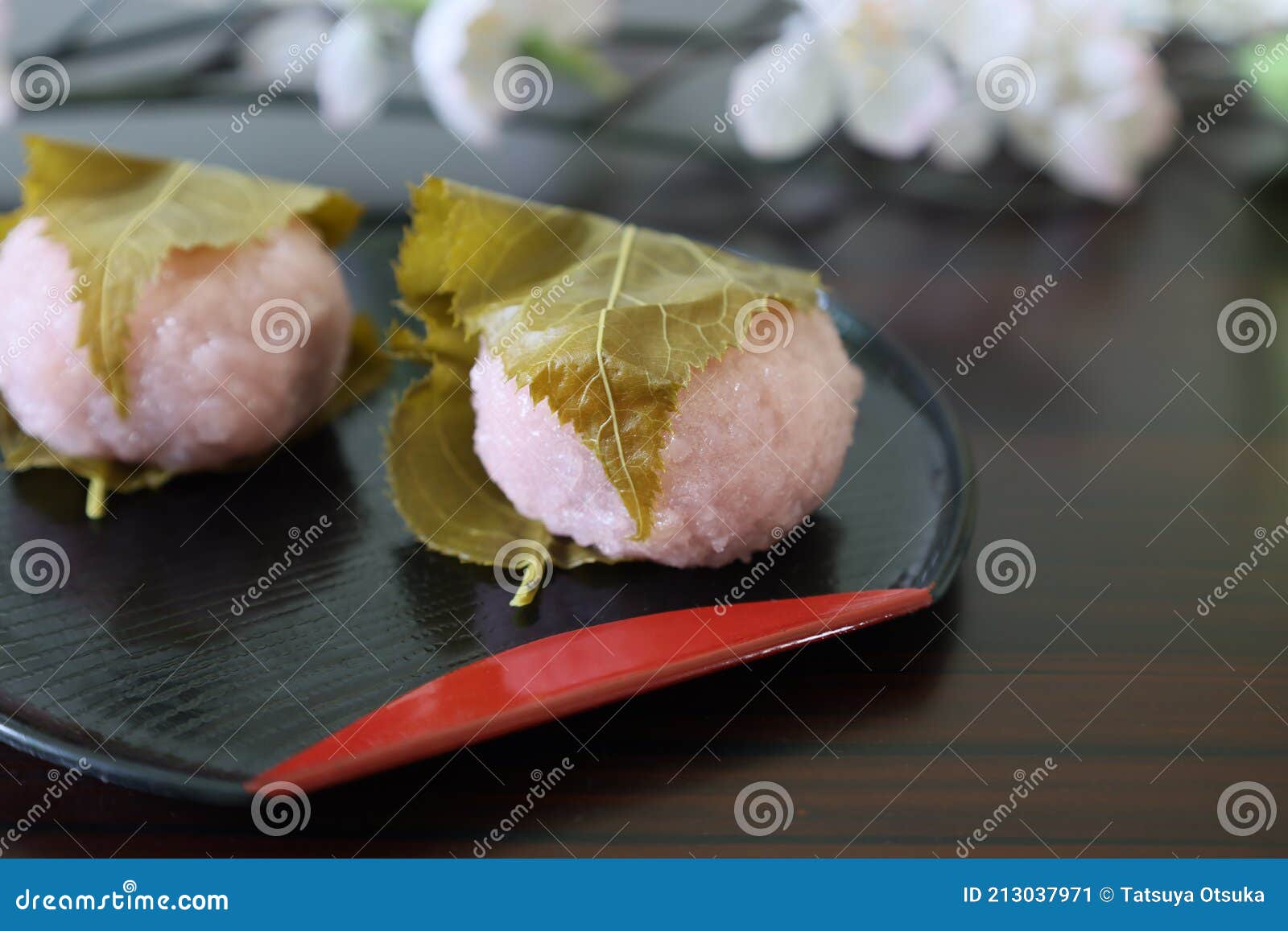 Rice Cake with Bean Paste Wrapped in a Preserved Cherry Leaf Stock ...