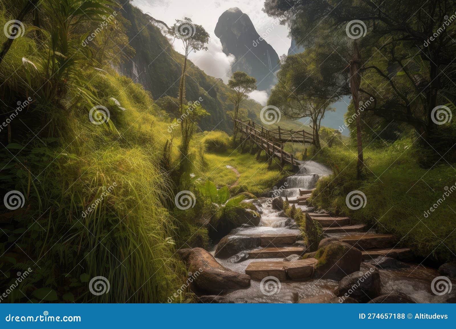Picturesque Pathway with a View of Towering Mountain and Cascading ...