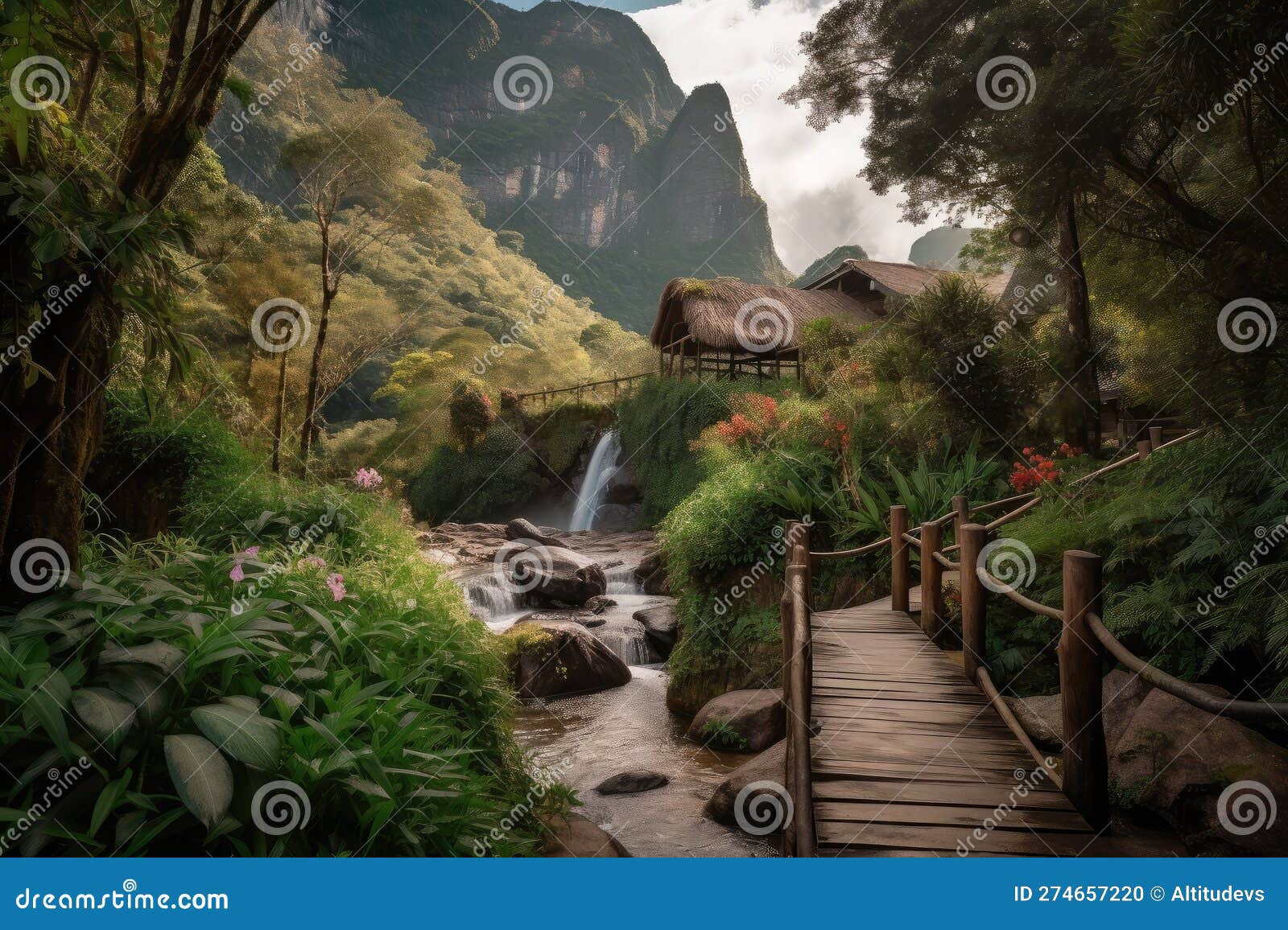 Picturesque Pathway with a View of Towering Mountain and Cascading ...