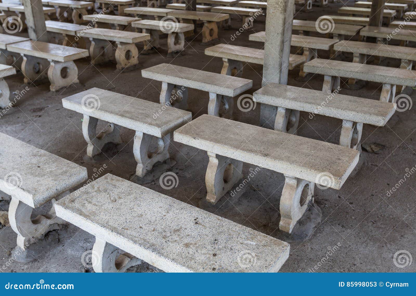 Picturesque Rows of White Stone Benches Perfectly Aligned Stock Image ...