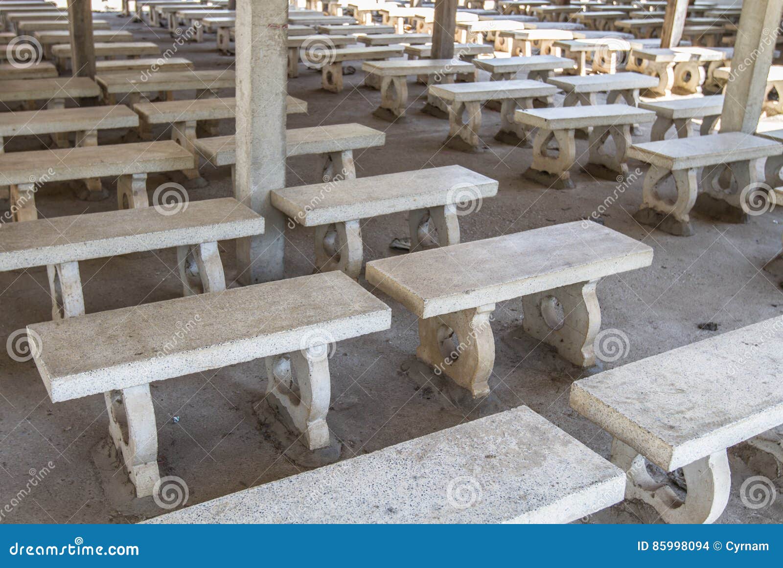 Picturesque Rows of White Stone Benches Perfectly Aligned Stock Photo ...